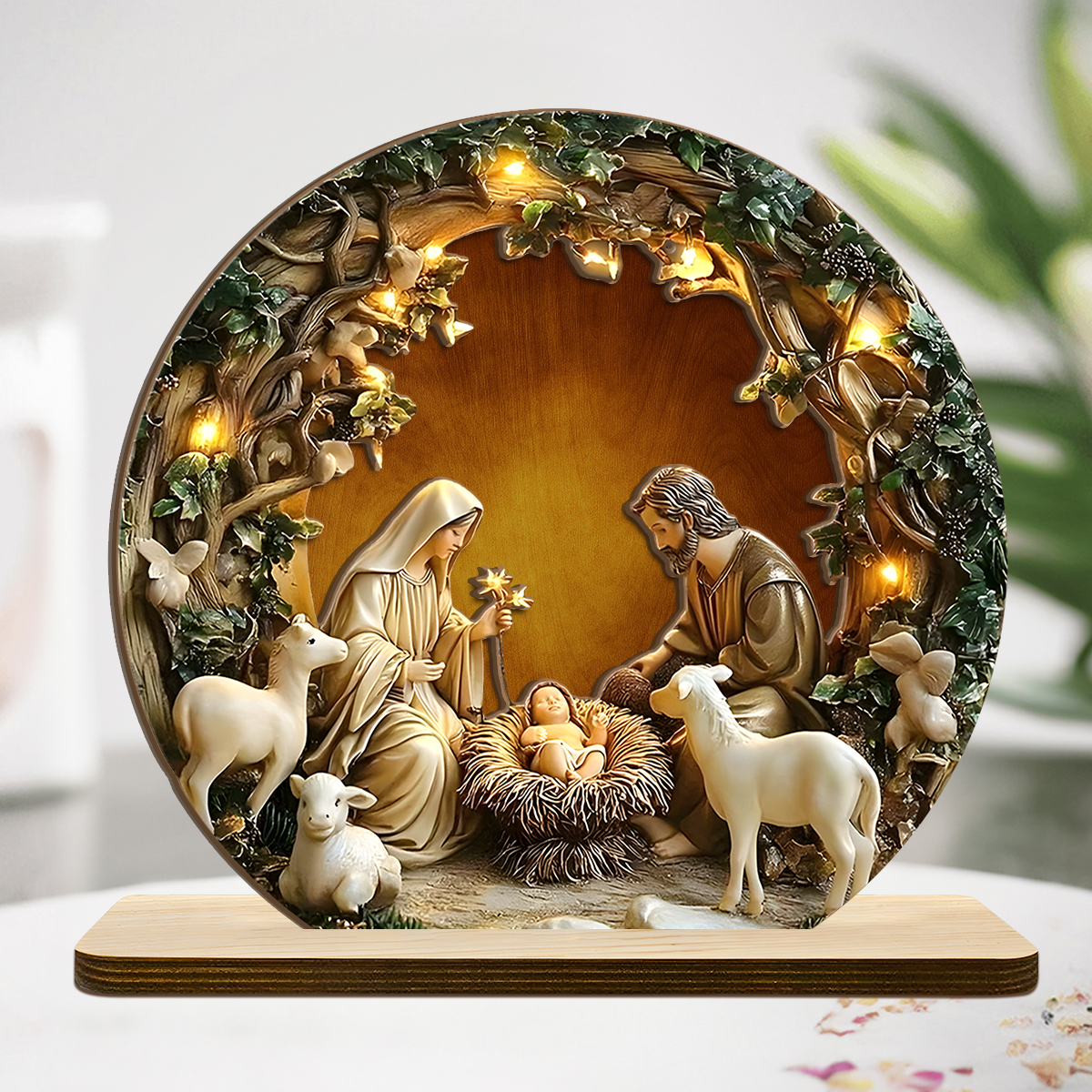 Holy Nativity Glow - 2-Layer Wood Plaque With Flat Base – FaithCorner